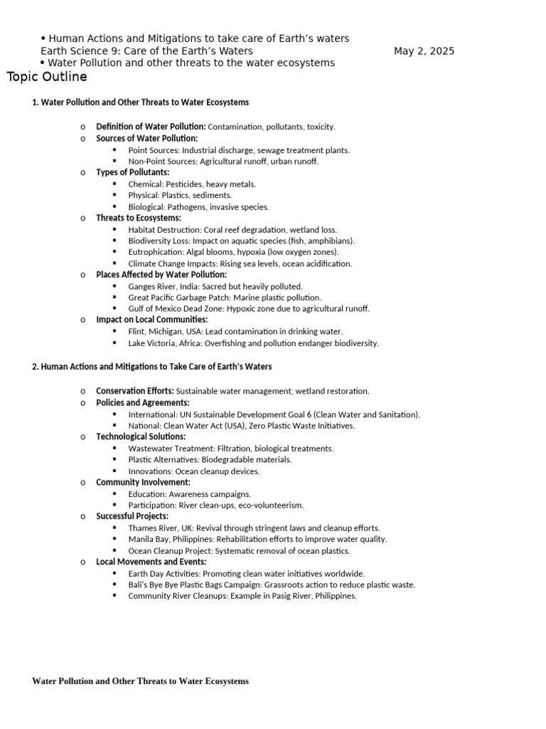 Sci9A Learning Guide Topic 8 Care For Earths Waters Q | PDF | Water ...