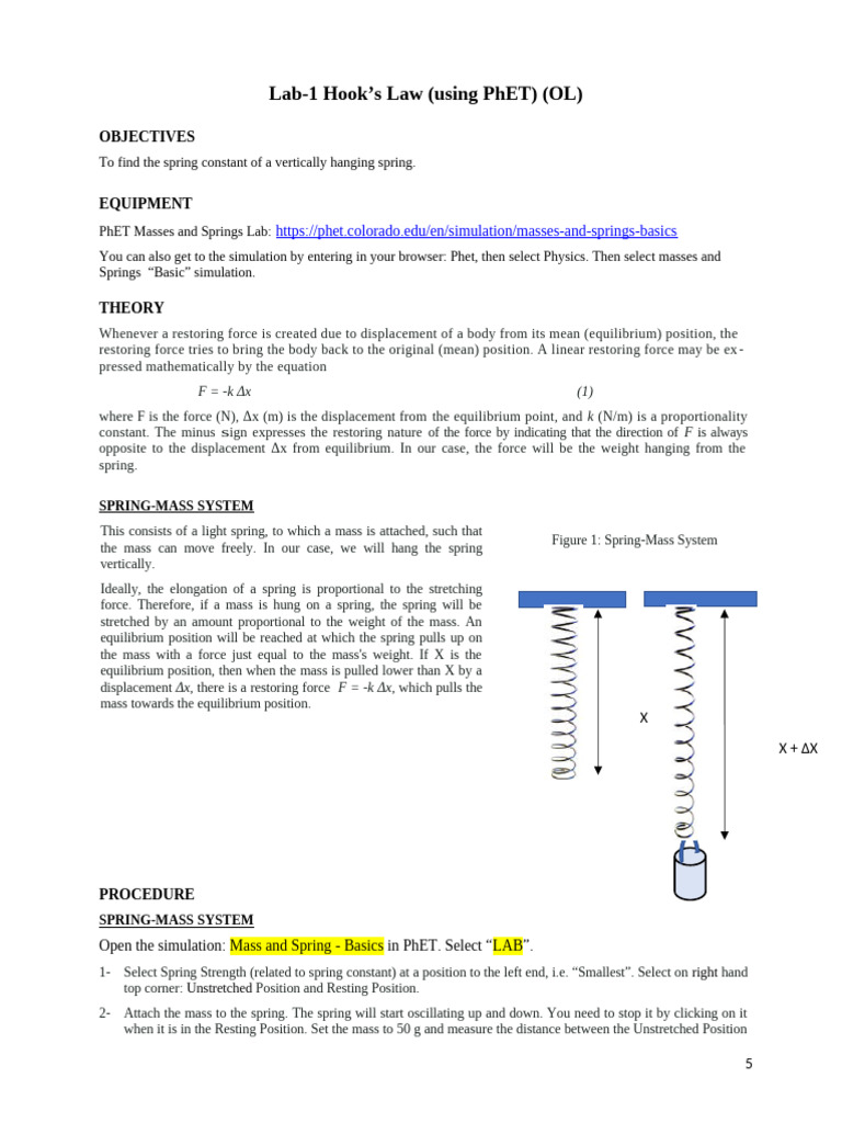 Lab-1 Hook’s Law (using PhET) (OL) | PDF | Force | Physical Quantities