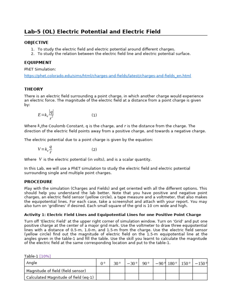 Lab-5 Electric Potential and Electric Field - PhET Simulation-1 | PDF ...