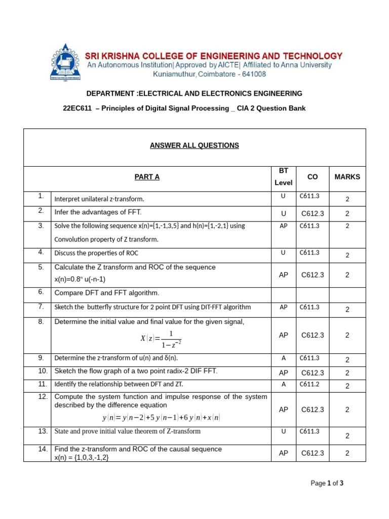 22ec611 - PDSP CIA 2 Question Bank | PDF | Discrete Fourier Transform | Signal Processing
