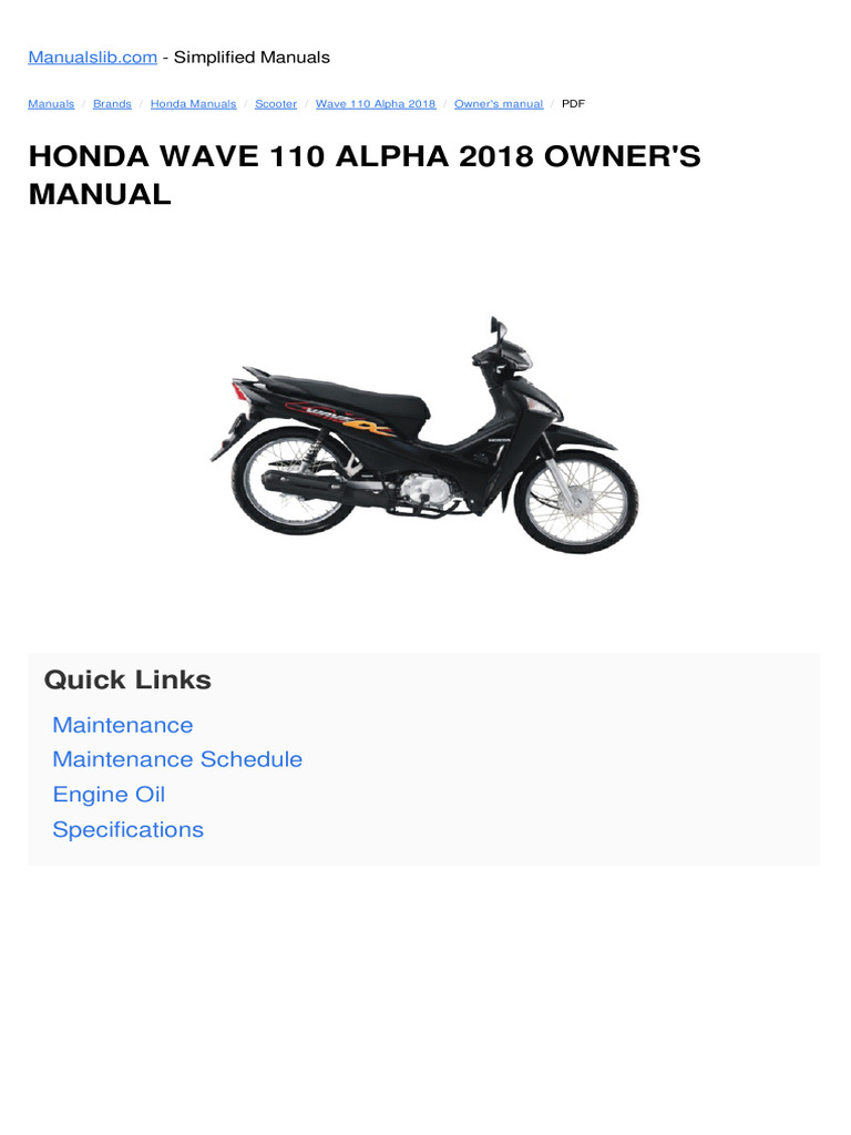 Honda Wave 110 Alpha 2018 Owner'S Manual: Quick Links | PDF ...