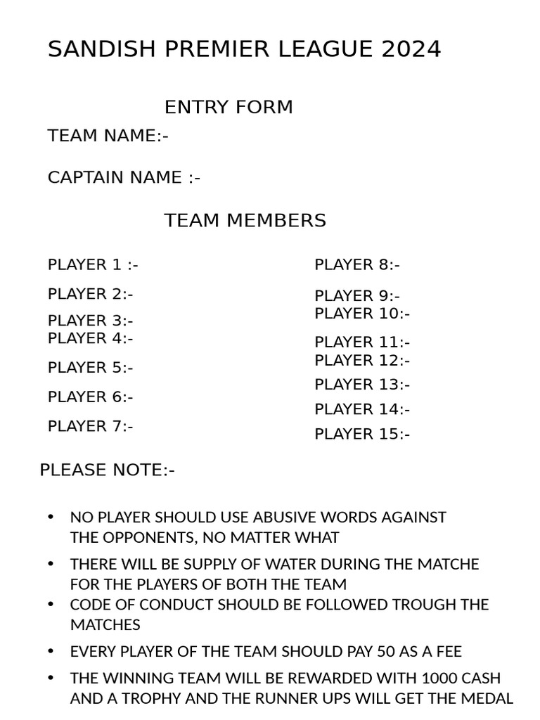 Sandish Premier League 2024: Entry Form | PDF