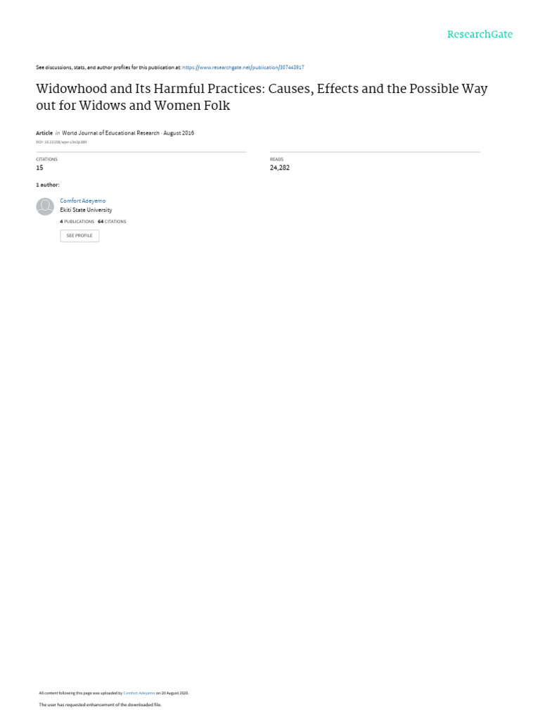 Widowhood and Its Harmful Practices Causes Effects | PDF | Widow | Literacy