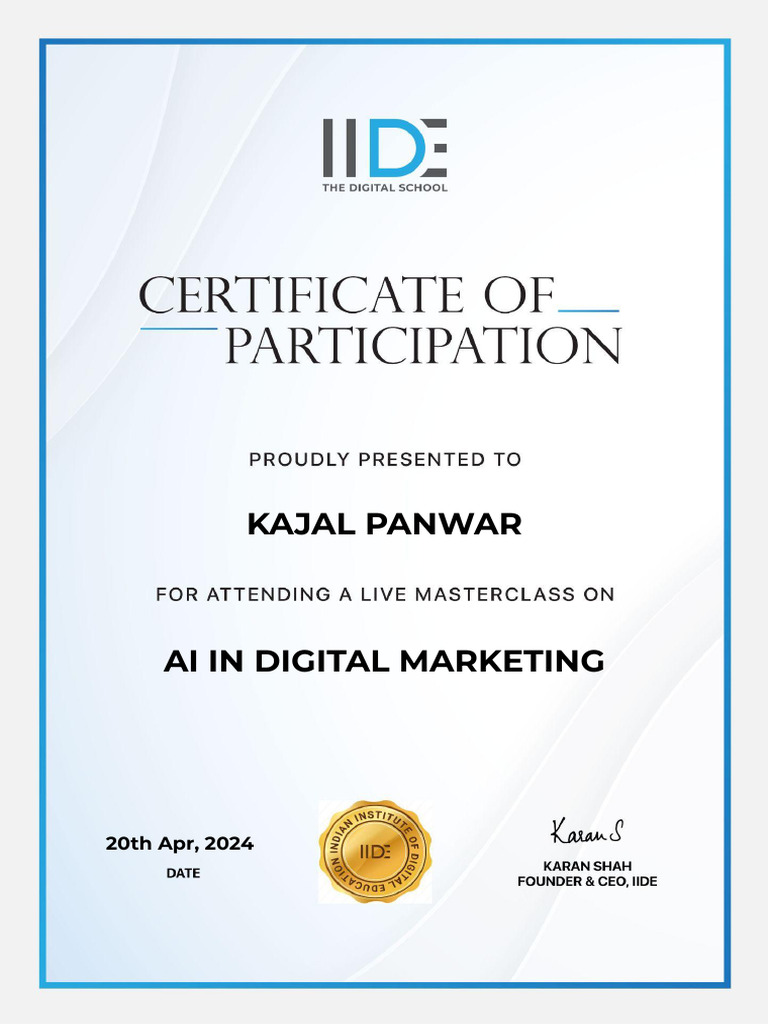 AI in Digital Marketing MasterClass Certificate - IIDE | PDF