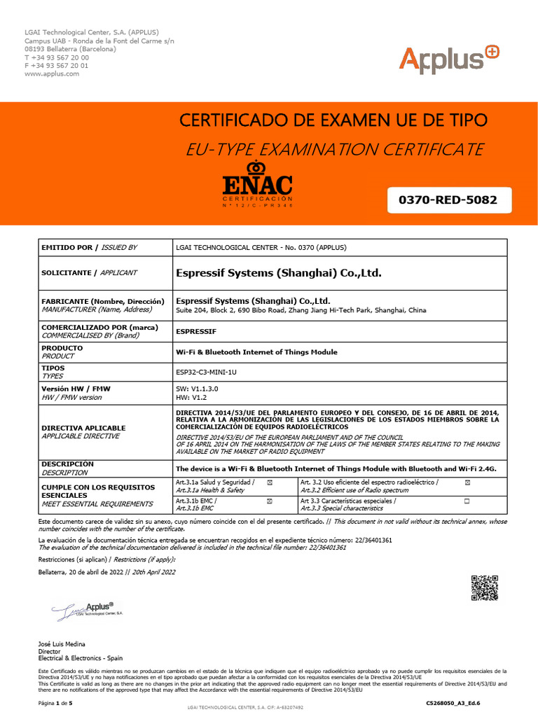 ESP32-C3-MINI-1U CE Certification | PDF | Wi Fi | Computer Engineering
