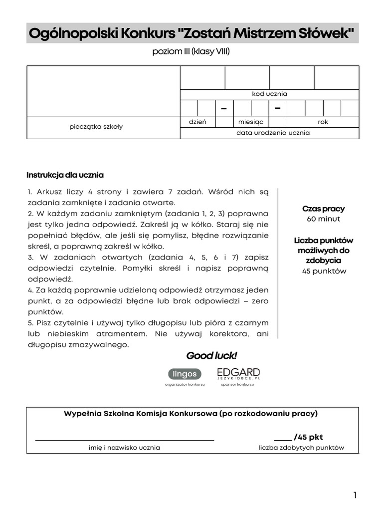 Arkusz Konkursowy - Poziom III (Klasy VIII) | PDF