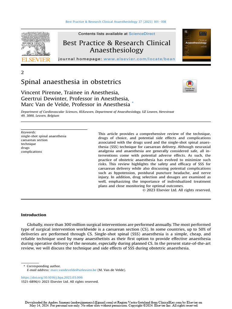 Spinal Anaesthesia in Obstetrics | PDF | Anesthesia | Medical Specialties