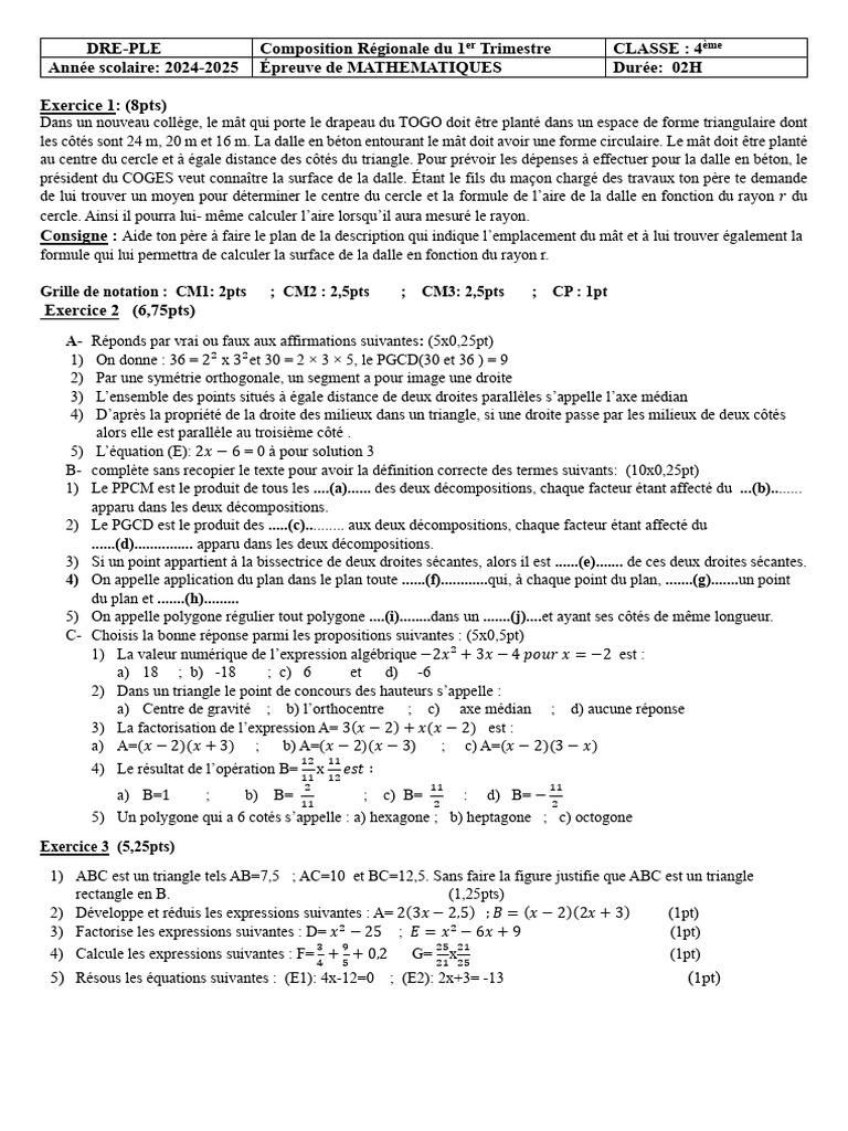 Examen de maths 4ème avec correction | PDF | Triangle | Géométrie