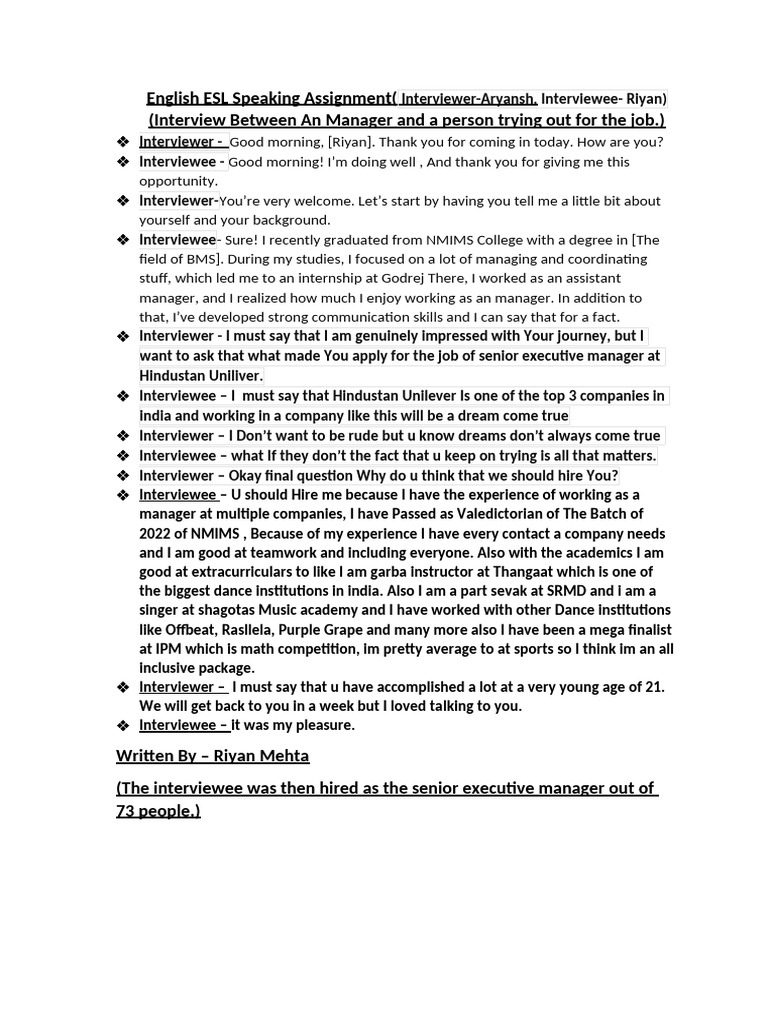 English ESL Speaking Assignment | PDF