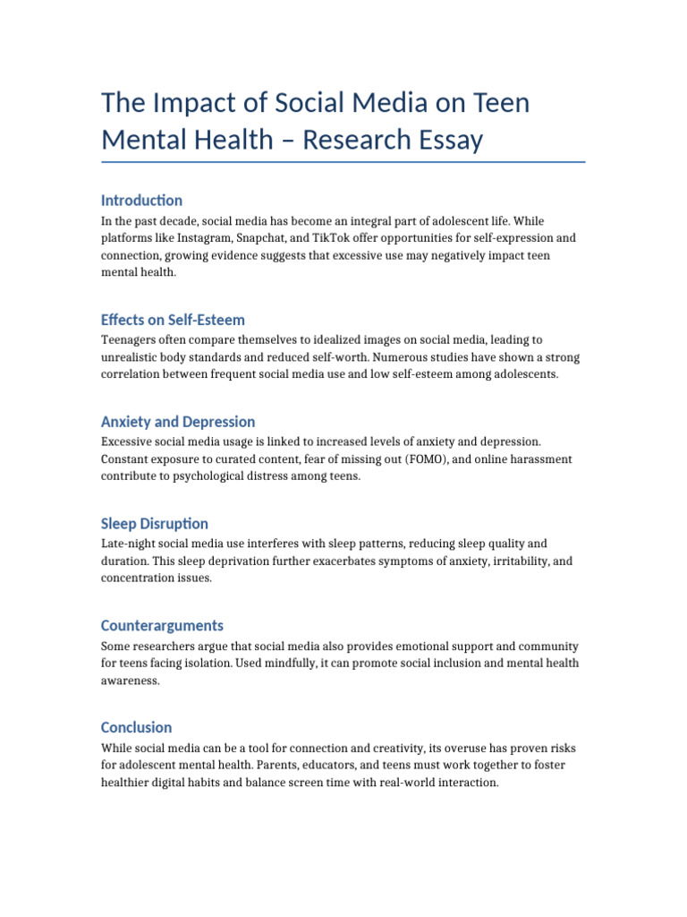 Social Media Teen Mental Health Essay | PDF