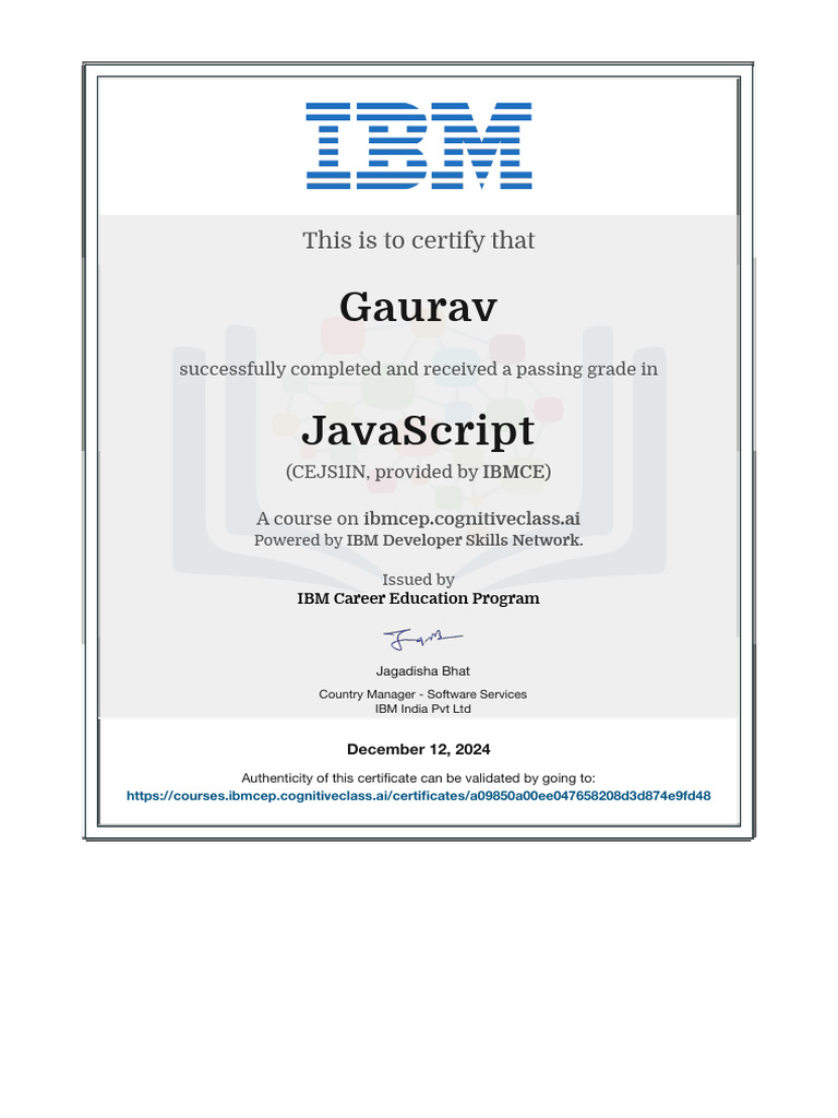 IBMCE CEJS1IN Certificate - IBM Career Education Program | PDF