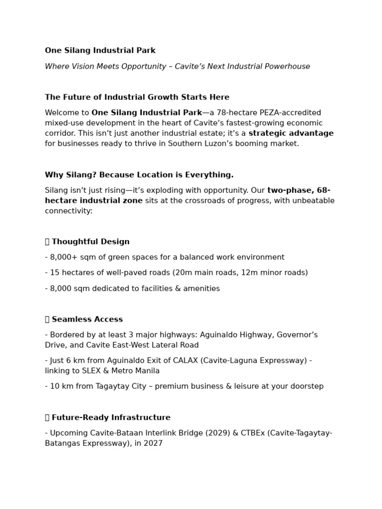 One Silang Industrial Park Marketing Writeup | PDF