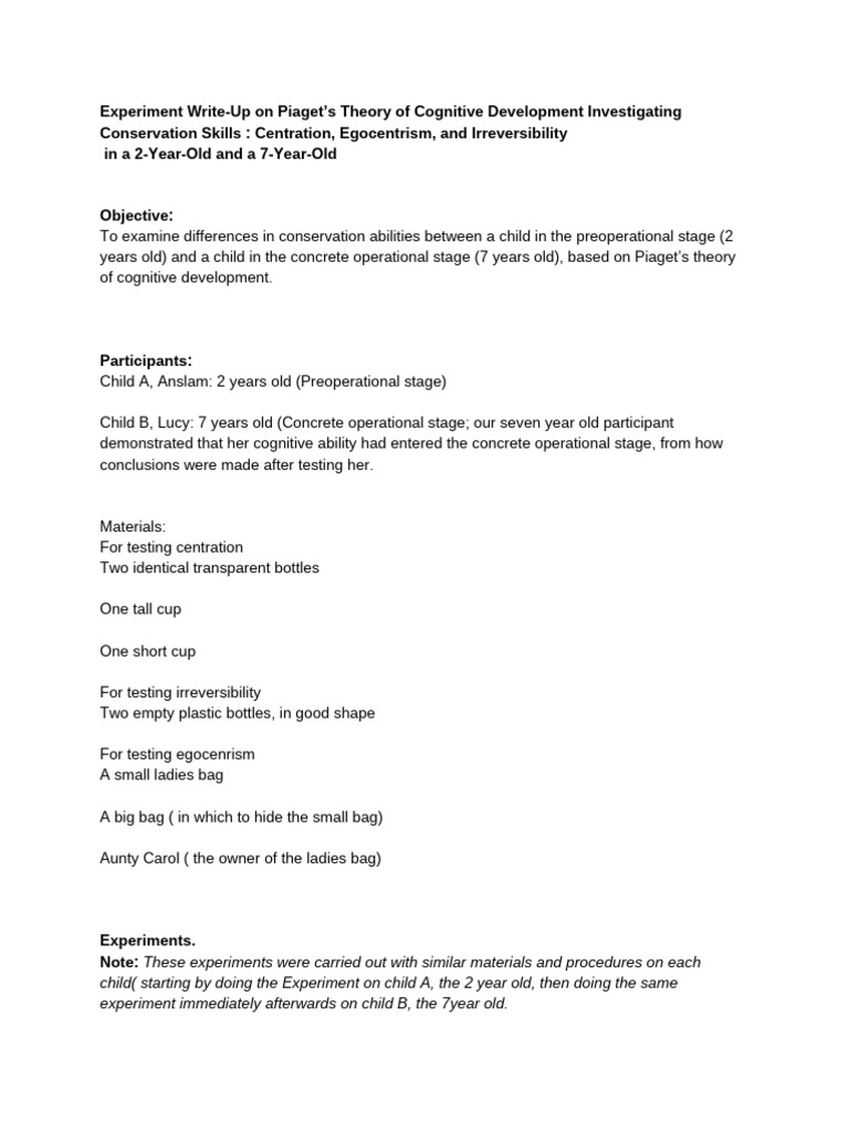 Experiment Write-Up On Piaget's Theory of Cognitive Development ...