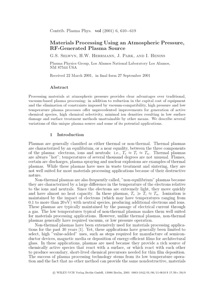 Materials Processing Using An Atmospheric Pressure, RF-Generated Plasma Source | PDF | Plasma ...
