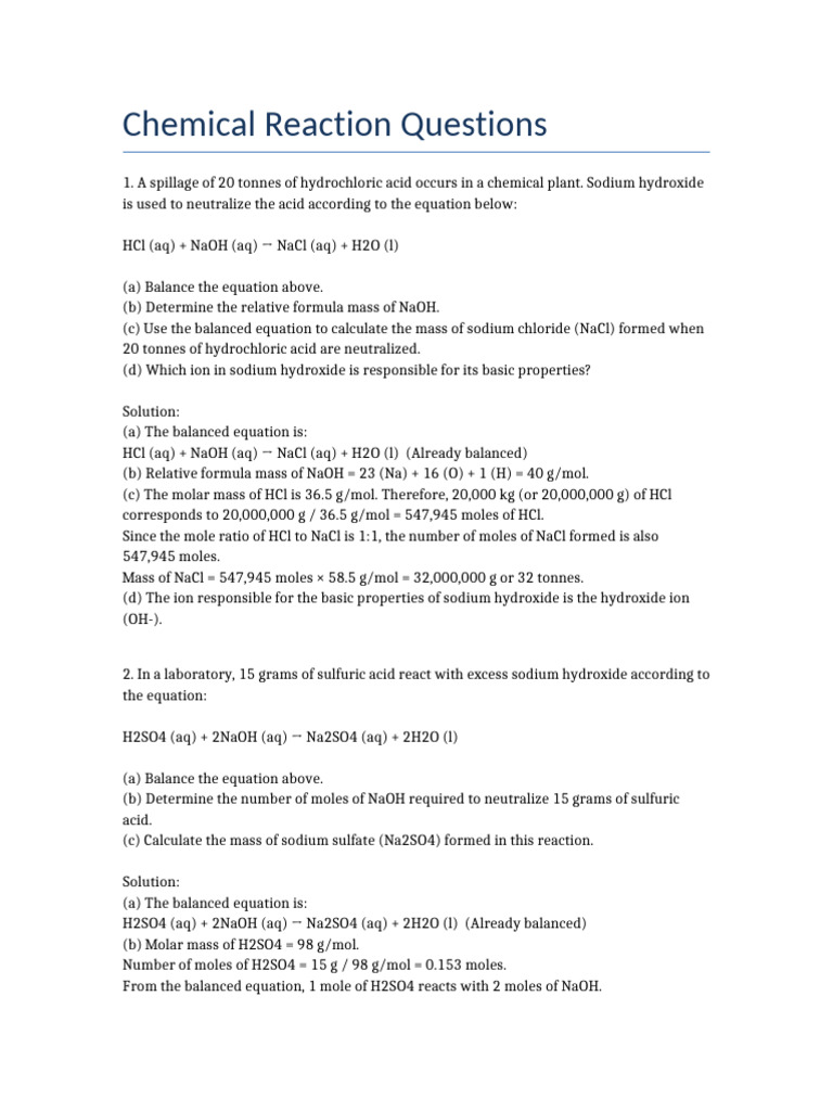 Chemical_Reaction_Questions_Solutions | PDF | Mole (Unit) | Sodium Hydroxide