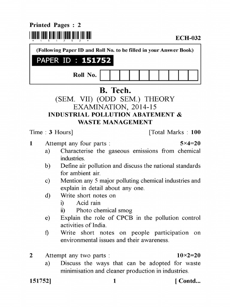 Btech CH 7 Sem Industrial Pollution Abateme Ntandwaste Management Ech 032 2015 | PDF