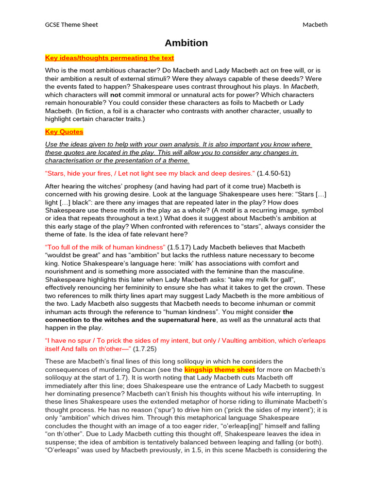 Macbeth - ambition - theme sheet | PDF | Macbeth | William Shakespeare