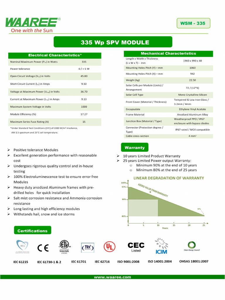 Waaree 335 W Datasheet | PDF