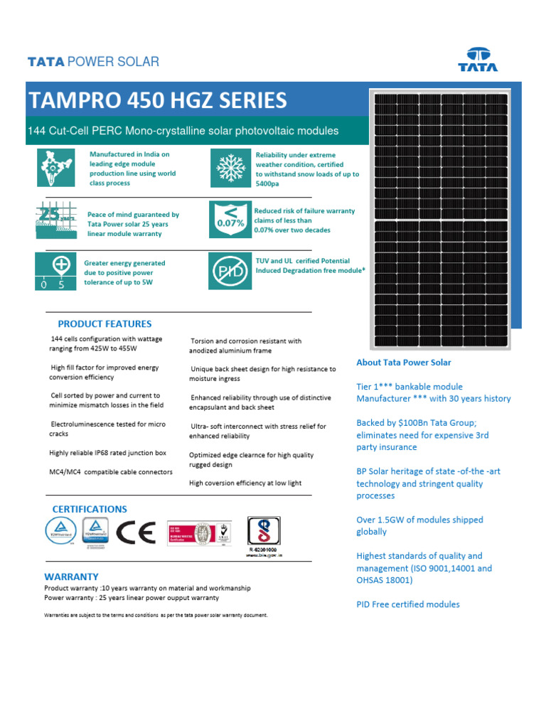 Tata Power Solar TP450 Module Specs | PDF | Photovoltaics ...