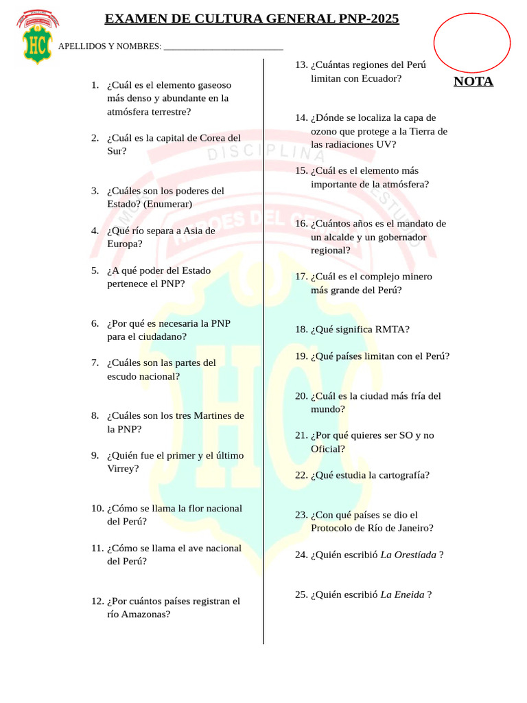 Examen Cultura General PNP 2025 | PDF | Perú