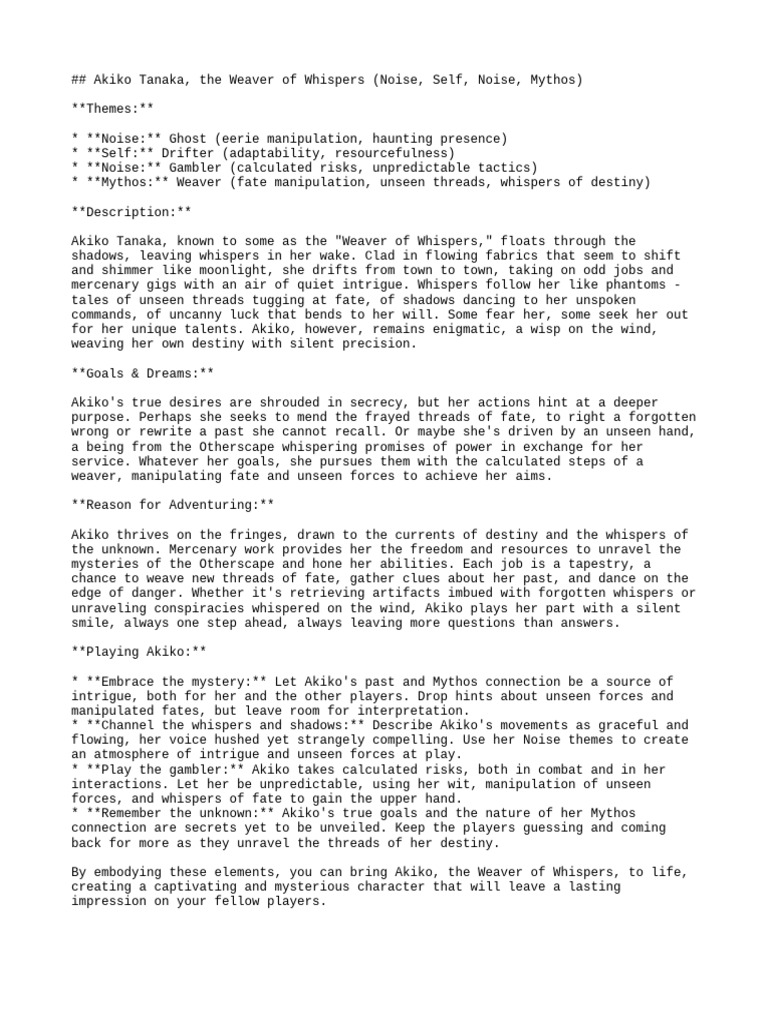 Akiko Tanaka, The Weaver of Whispers (Noise, Self, Noise, Mythos) | PDF