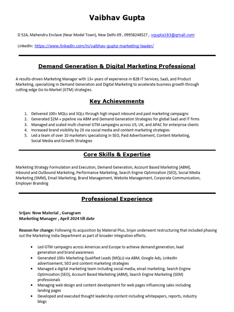 Vaibhav Gupta - Marketing Manager - 13+ Years of Experience | PDF | Digital Marketing | Marketing