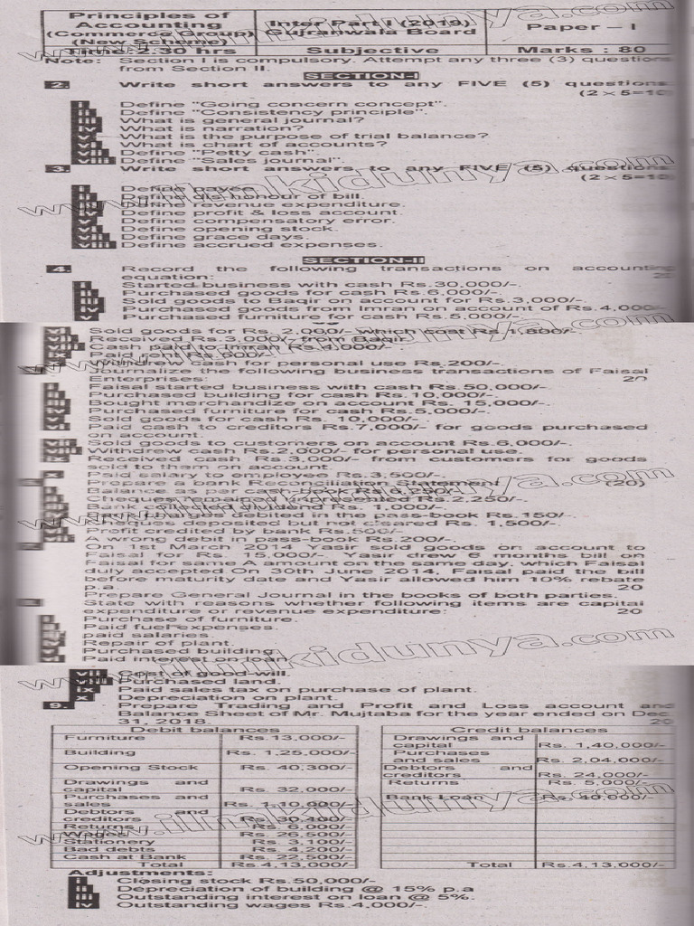 Past Paper 2019 Gujranwala Board Inter Part I Principles of Accounting ...