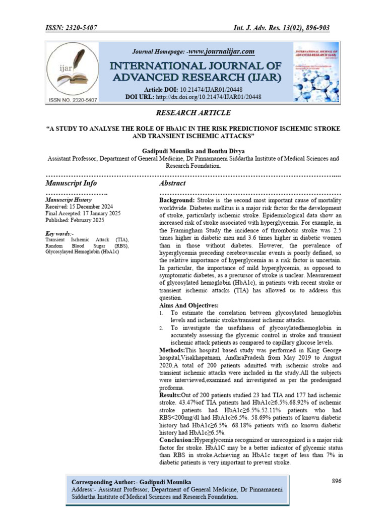 A STUDY TO ANALYSE THE ROLE OF HbA1C IN THE RISK PREDICTIONOF ISCHEMIC STROKE AND TRANSIENT ...