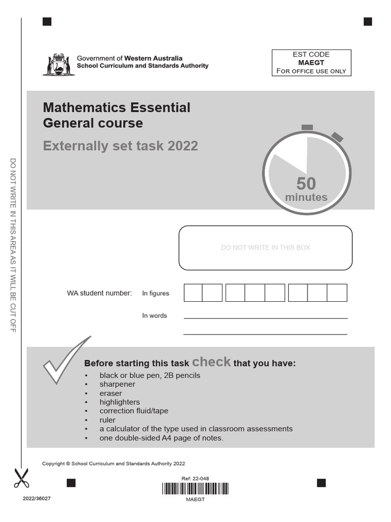 2022 Externally Set Task: Mathematics Essential | PDF | Copyright ...