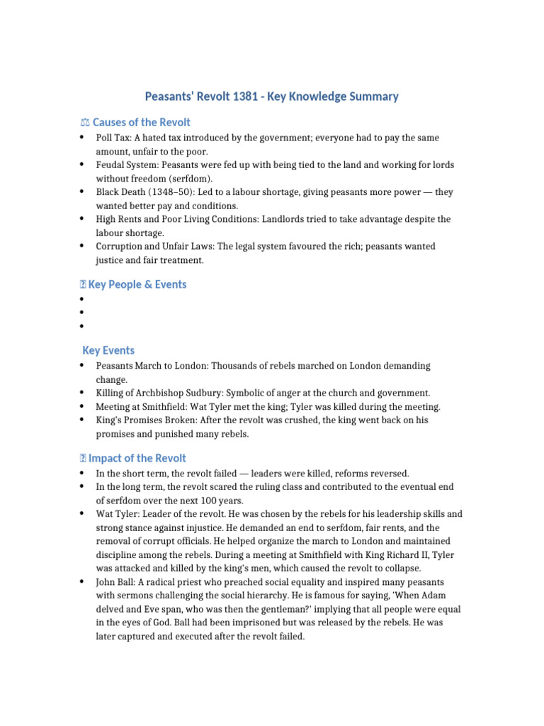 Peasants Revolt 1381 Revision Sheet Updated | PDF