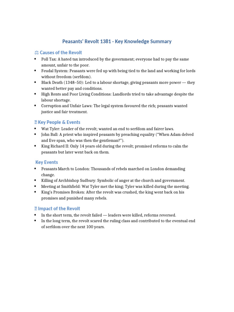 Peasants Revolt 1381 Revision Sheet | PDF