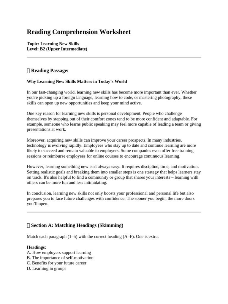 Reading Comprehension Worksheet-Why Learning New Skills Matters in ...
