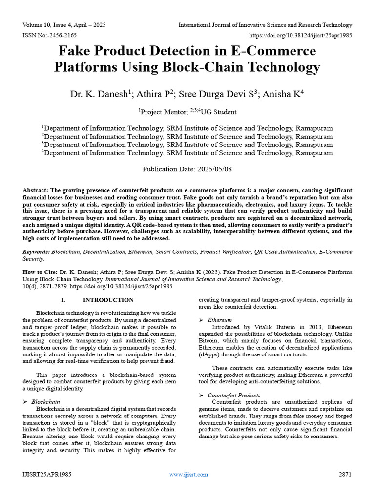 Fake Product Detection In E Commerce Platforms Using Block Chain