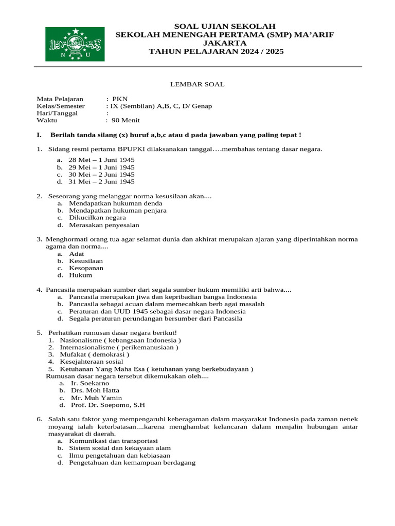 Soal PKN KLS 9 Ma'arif 2025 | PDF