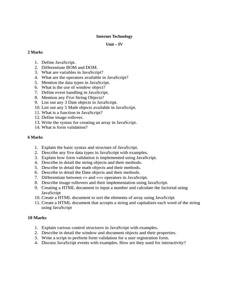 IT - Question Bank - (4, 5 Unit) | PDF | Xml | Java Script