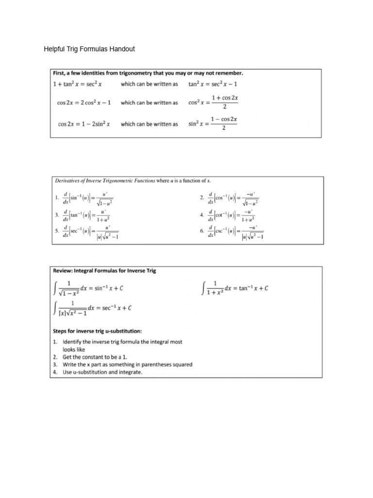 Helpful Trig Formulas Handout | PDF