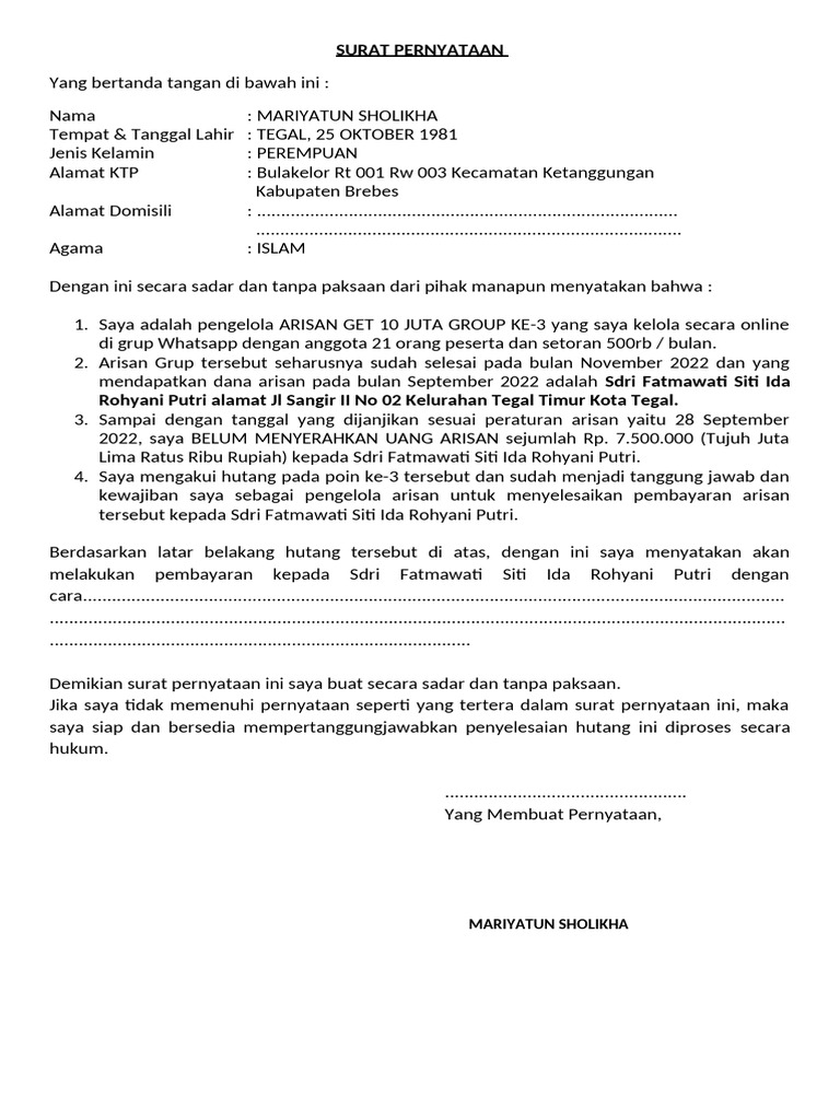 Surat Pernyataan Arisan 1 | PDF