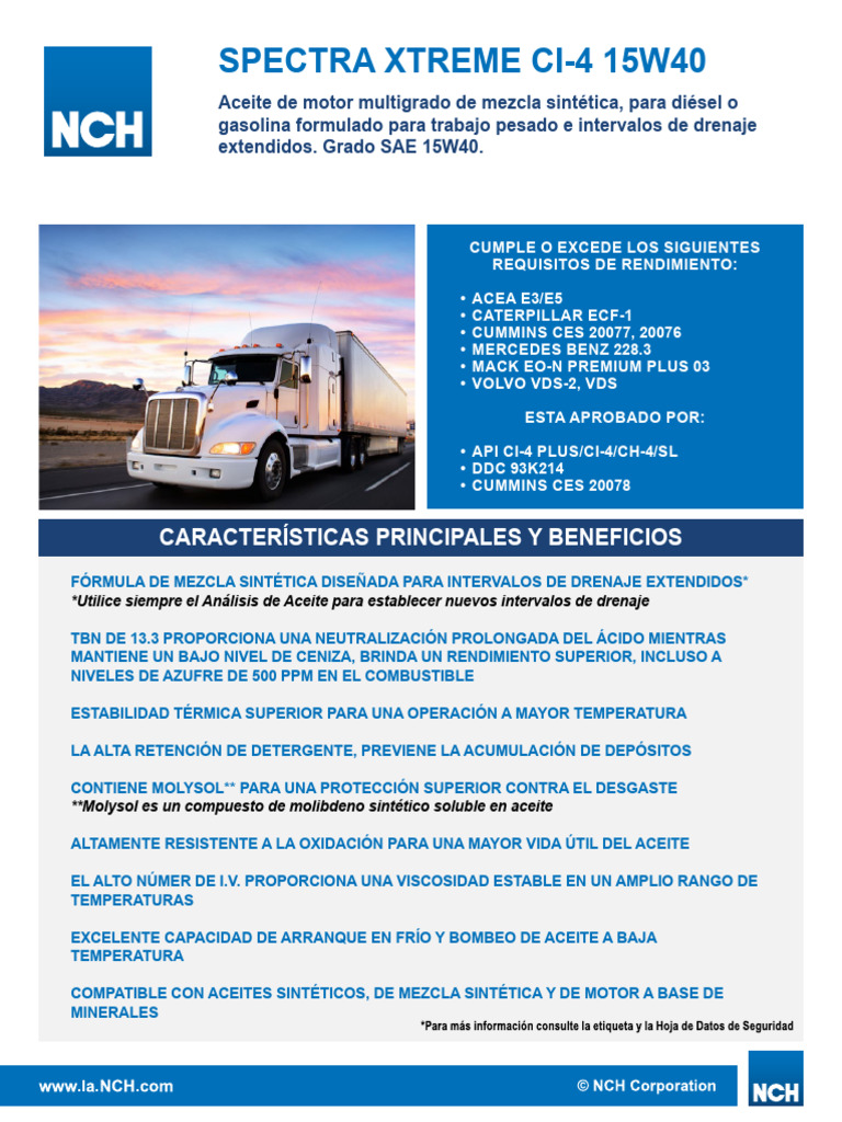 NCH Lub Pe 508a Spectra Xtreme Ci-4 15w40 2022 | PDF | Lubricante ...