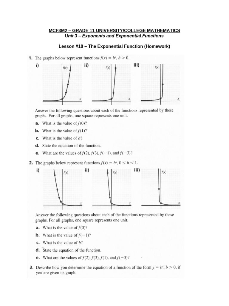 Lesson 18 - The Exponential Function - Homework | PDF