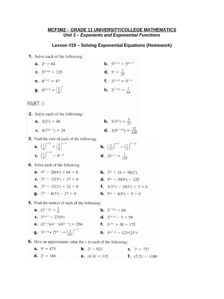 Lesson 19 - Solving Exponential Equations - Homework | PDF