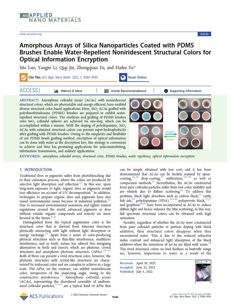Amorphous Arrays of Silica Nanoparticles Coated With PDMS | PDF ...