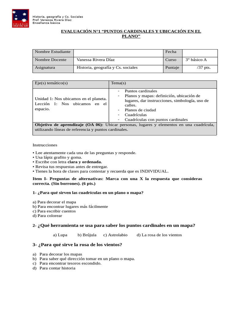 Prueba 3ro Plano y Puntos Cardinales | PDF