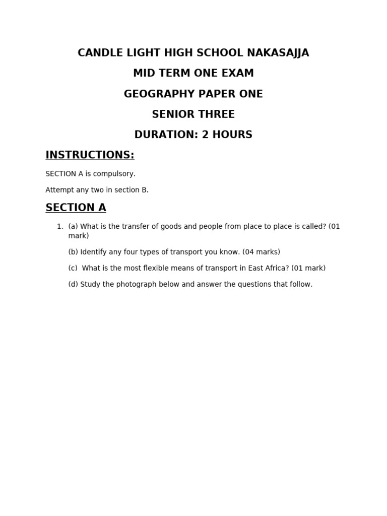 s.3 Geography Paper 1 M.O.T 2024 | PDF | Lake | Earth