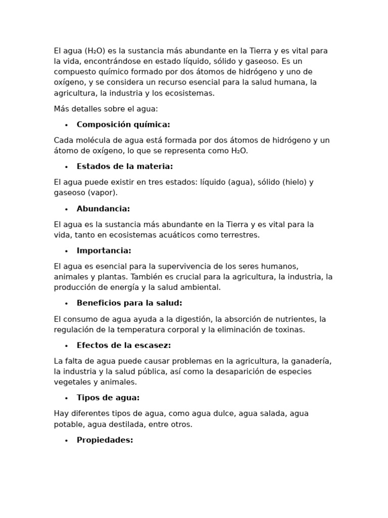 Importancia y propiedades del agua H₂O | PDF