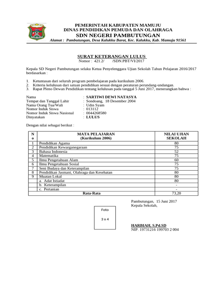 Surat Keterangan Lulus SD Pambutungan | PDF