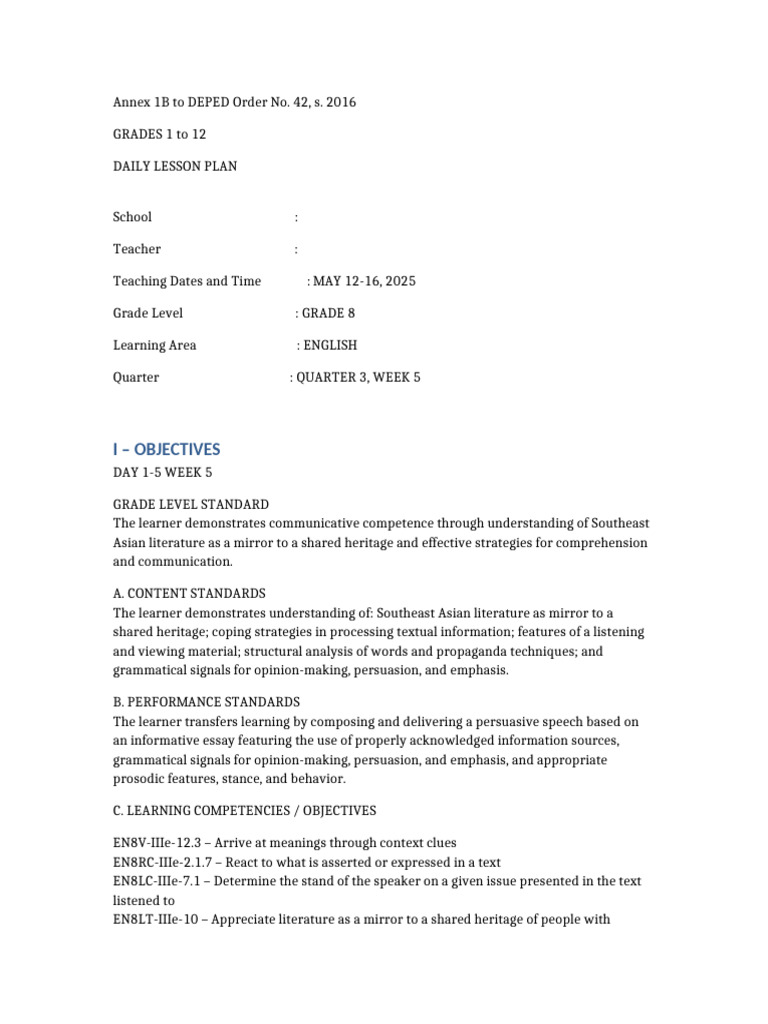 Daily Lesson Plan for Grade 8 English | PDF