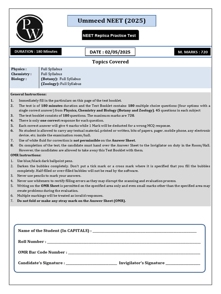 NEET Replica Test 03 - Test Paper - Ummeed NEET 2025 | PDF | Multiple ...