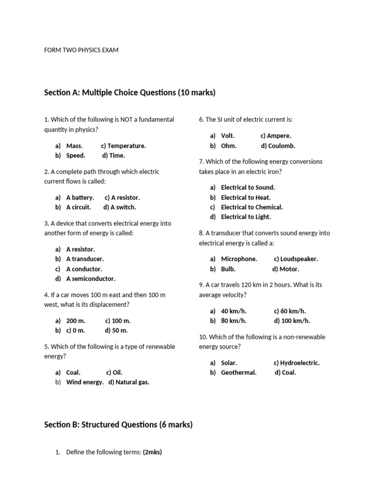 5th Seq Gamaliel Form Two Physics Exam | PDF | Electricity ...