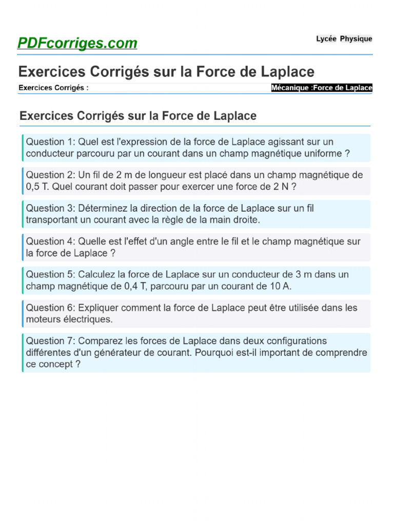 4616 Lycee Mecanique Exercices Corriges Sur La Force de Laplace | PDF