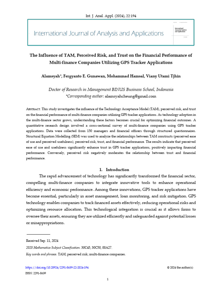 The Influence of TAM Perceived Risk and Trust On T | PDF